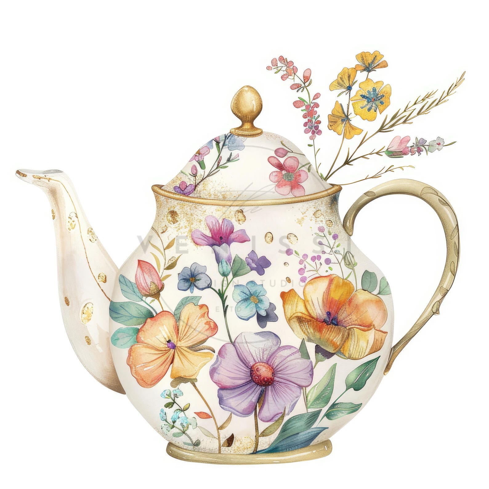 16 Floral Vintage Teapot Clipart, Watercolor Porcelain Teapot Clipart ...