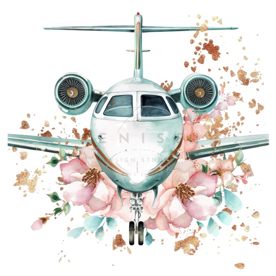 13 Floral Airplane With Gold Clipart, Watercolor Aircraft Clipart ...