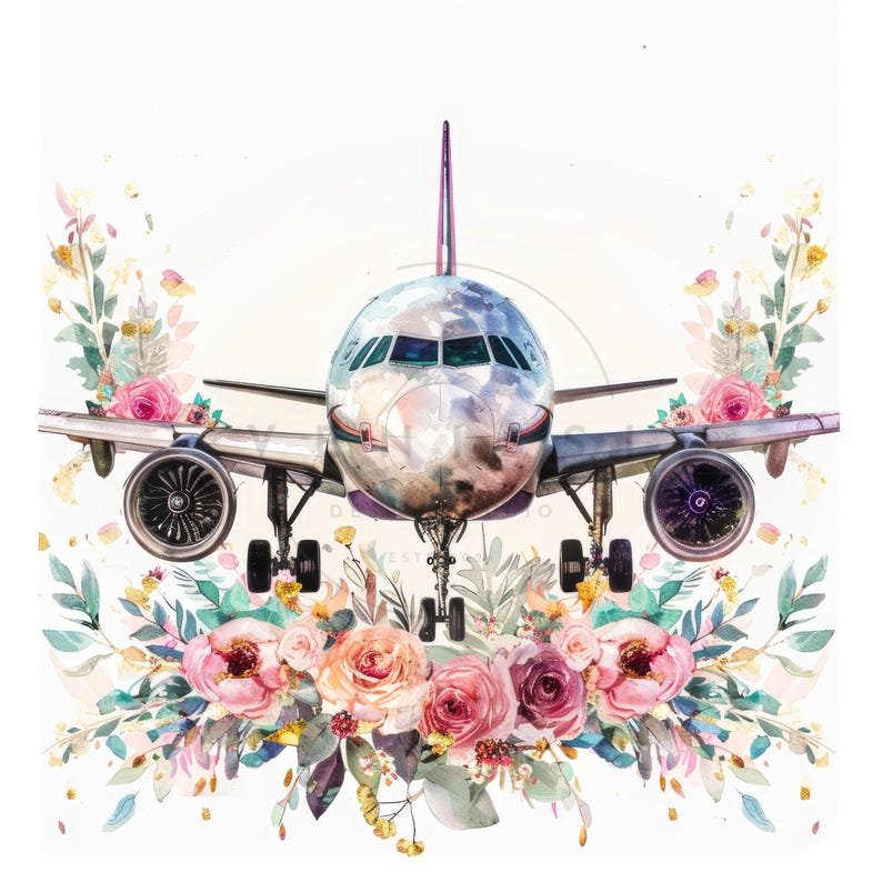 13 Floral Airplane With Gold Clipart, Watercolor Aircraft Clipart ...