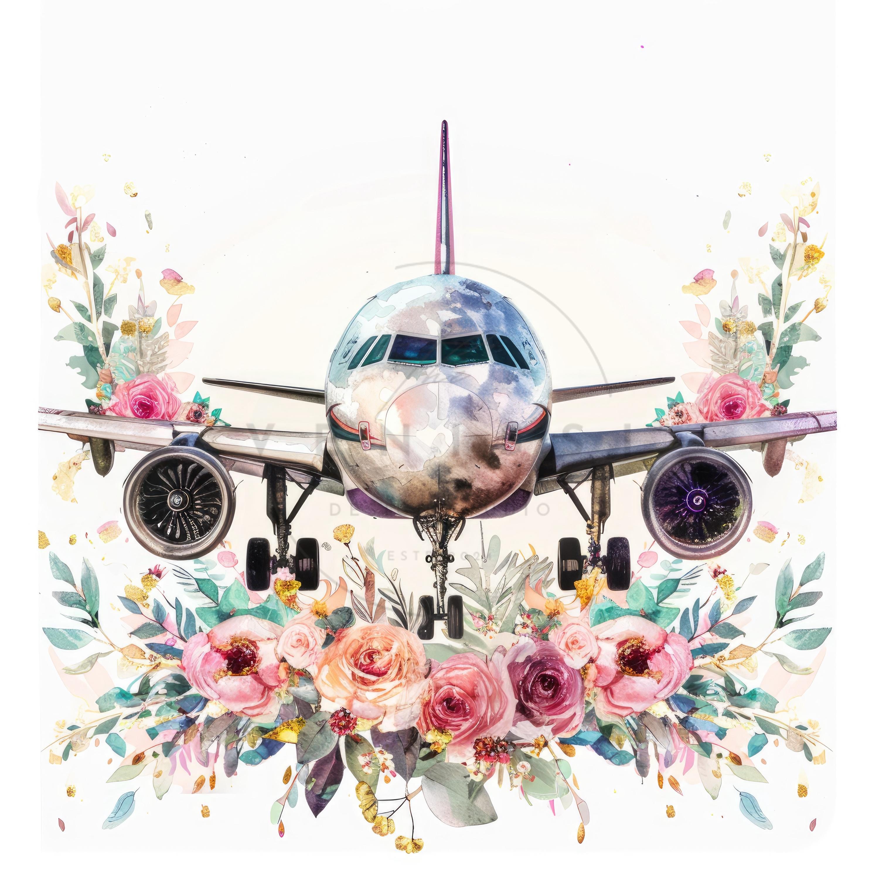 13 Floral Airplane With Gold Clipart, Watercolor Aircraft Clipart ...