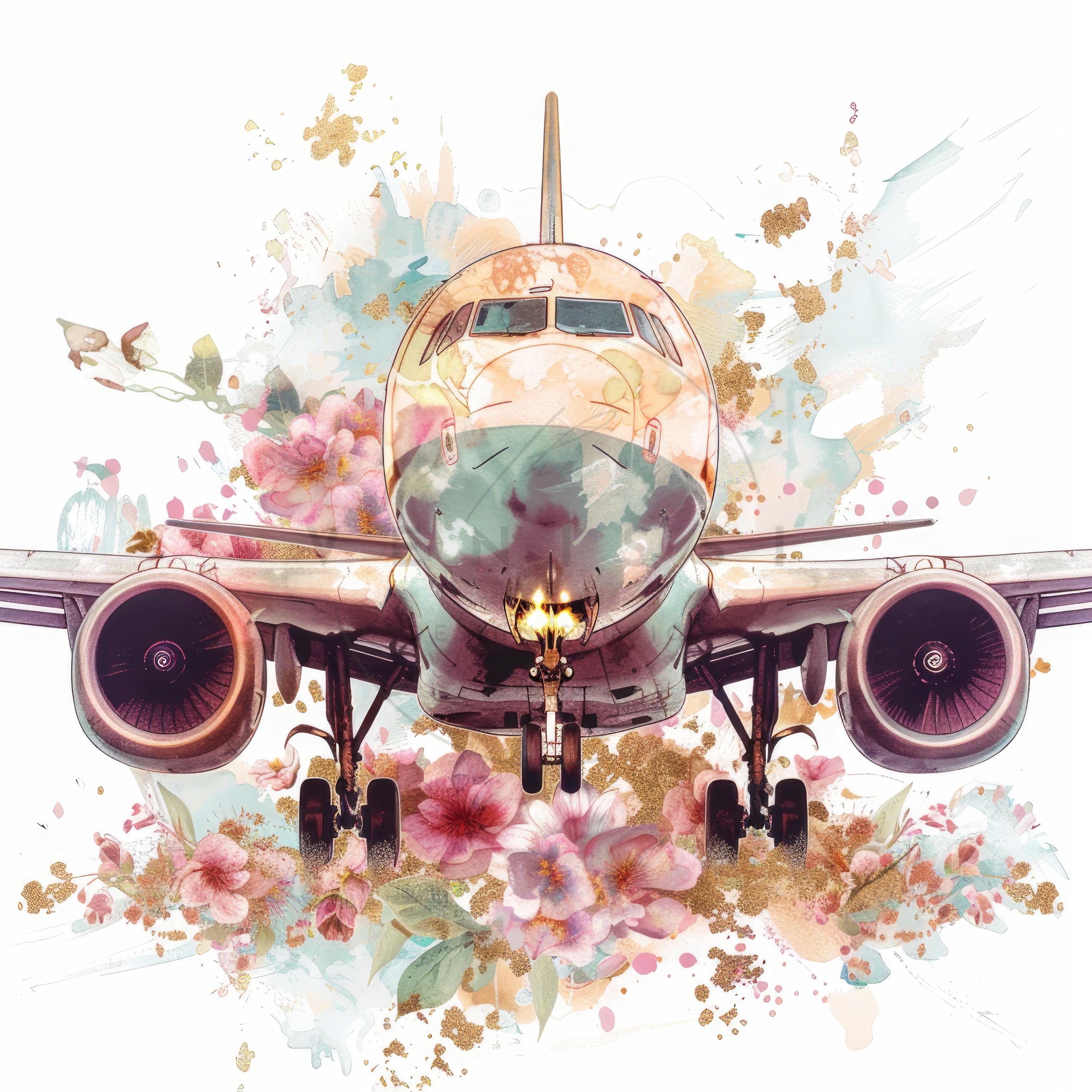 13 Floral Airplane With Gold Clipart, Watercolor Aircraft Clipart ...