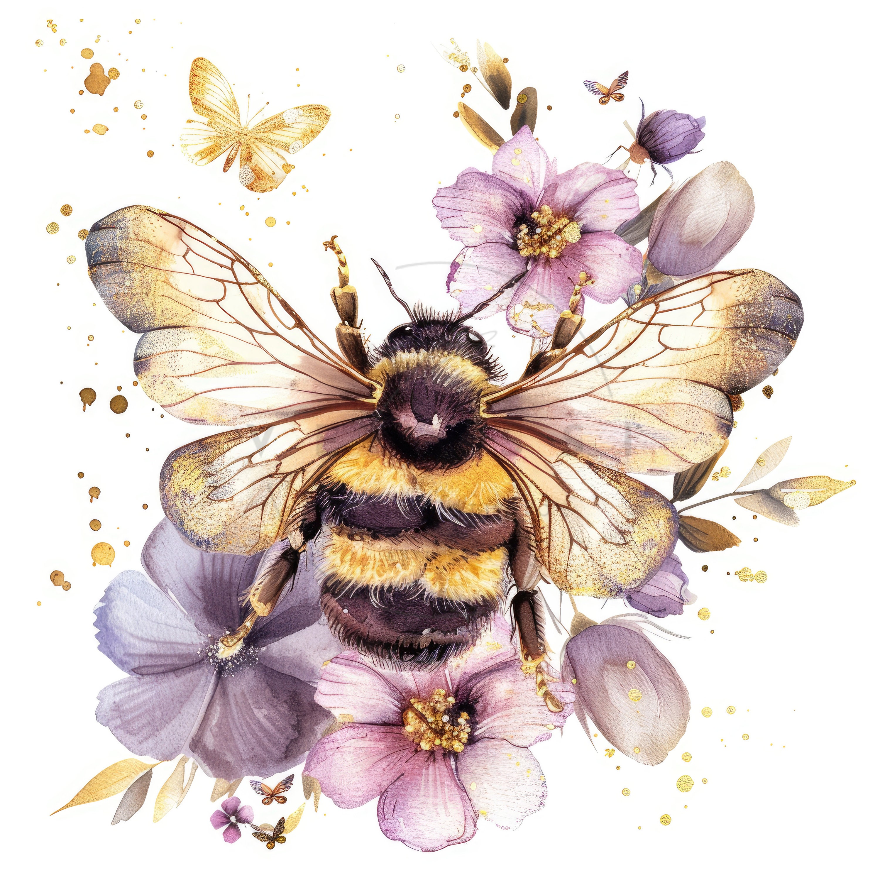 10 Bee in Flowers With Golden Glitter Clipart, Watercolor Bee Clipart ...