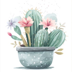 14 Watercolor Cactus With Flowers in Pot Clipart Pack, Printable High ...