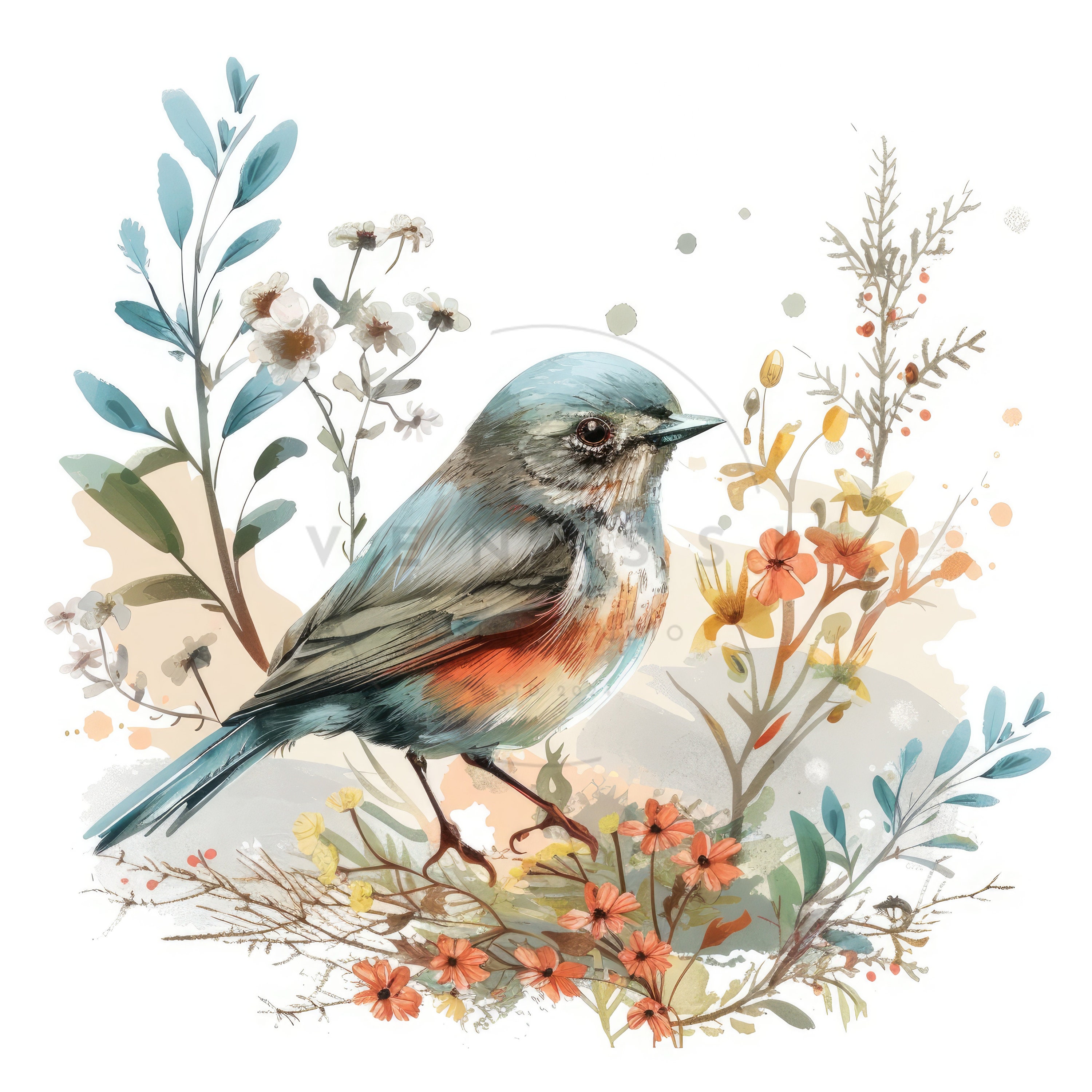 11 Vintage Bird in Flowers Clipart, Watercolor Floral Bird Clipart ...