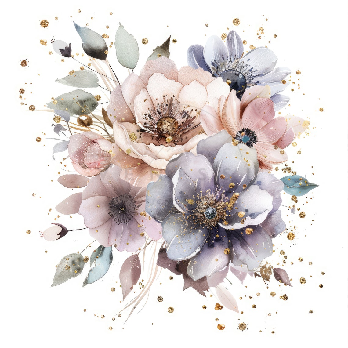 10 Spring Boho Flowers Bouquet Golden Glitter Clipart, Flowers Clip Art ...