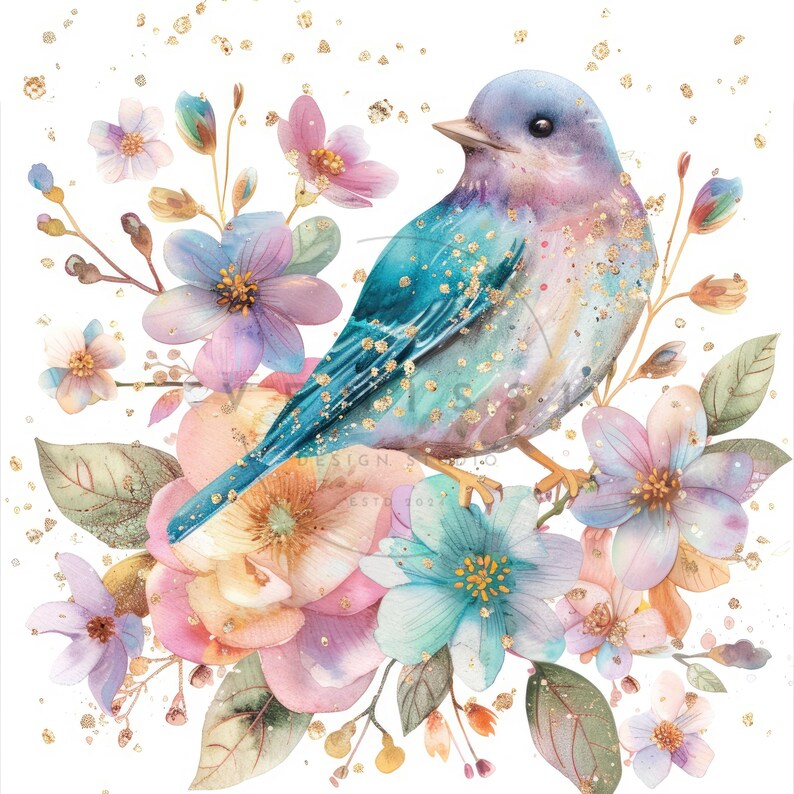 11 Bird in Flowers Clipart, Watercolor Floral Bird Clipart, Printable ...