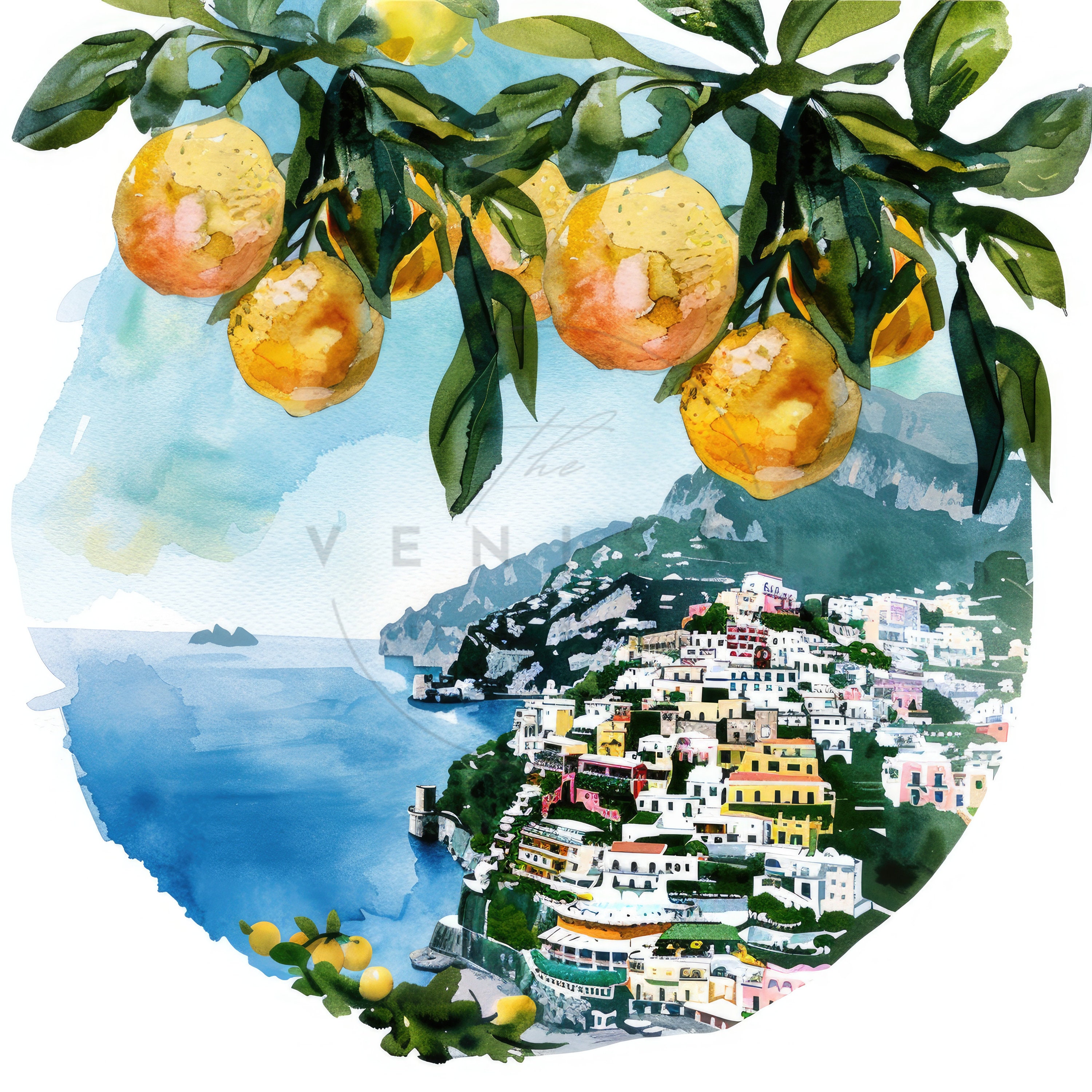 15 Italian Coast Clipart, Watercolor Amalfi Citrus Coast Clip Art ...