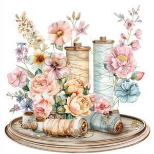 15 Vintage Spool of Thread With Flowers Clipart, Watercolor Floral ...