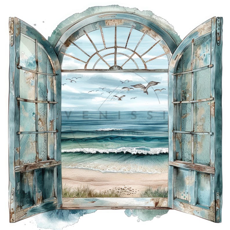 12 Window Ocean View Clipart, Watercolor Window Sea Scenery, Printable ...
