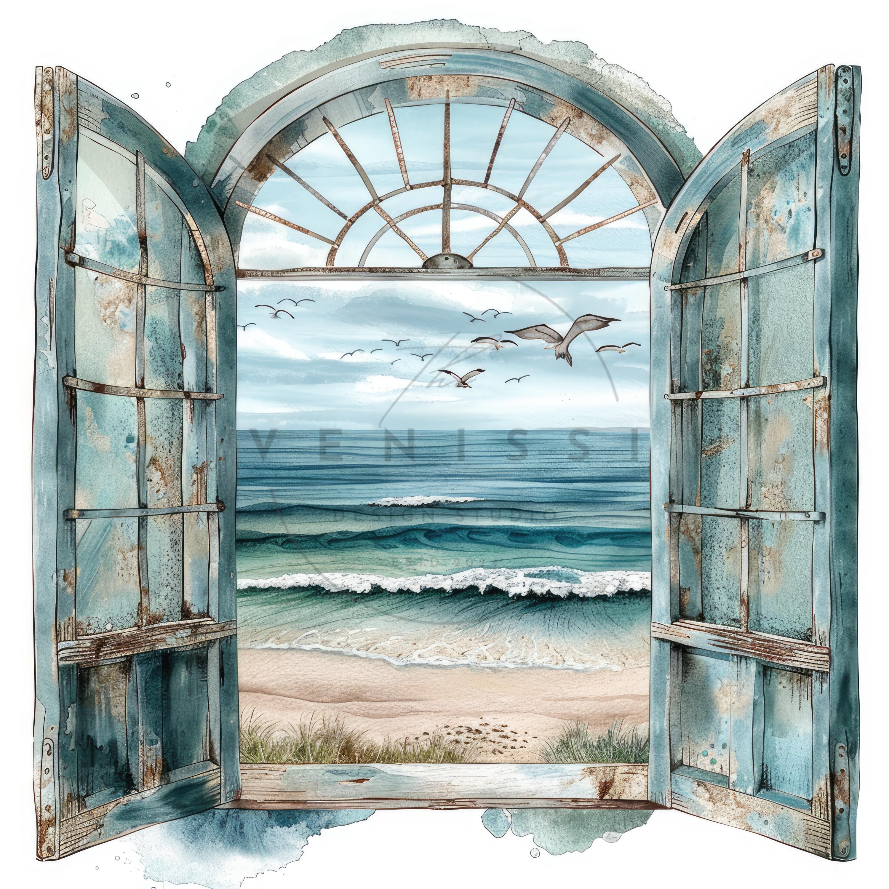 12 Window Ocean View Clipart, Watercolor Window Sea Scenery, Printable ...