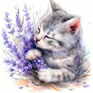 15 Cat With Lavender Clipart, Cat and Flowers Clipart, Printable ...
