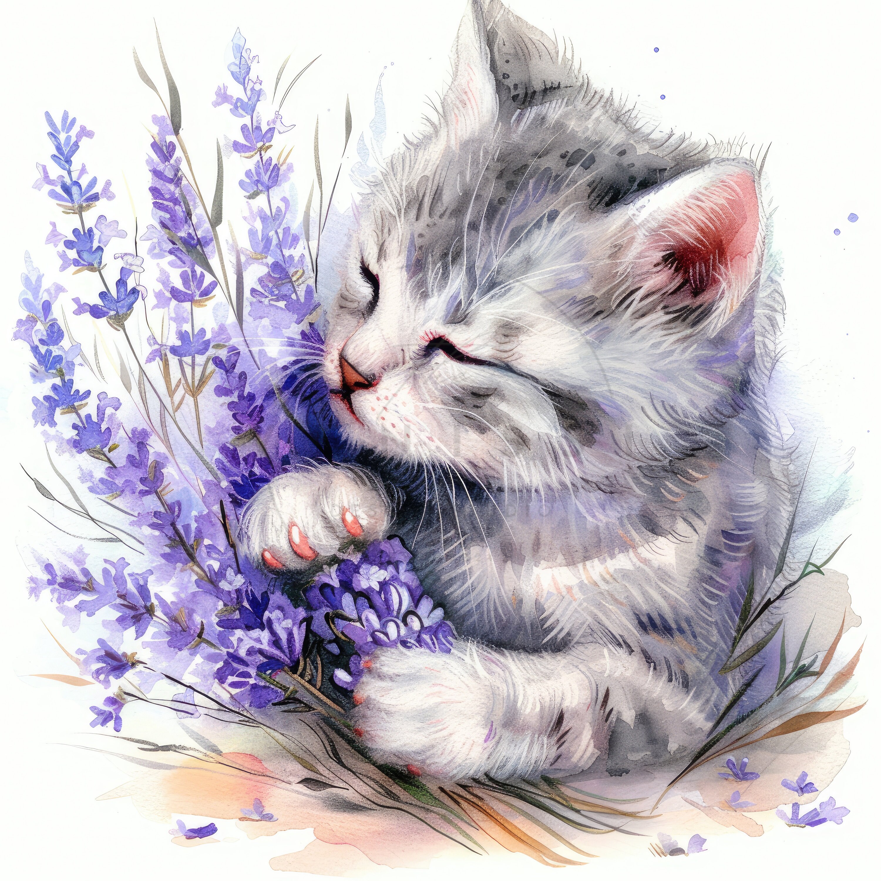 15 Cat With Lavender Clipart, Cat and Flowers Clipart, Printable ...