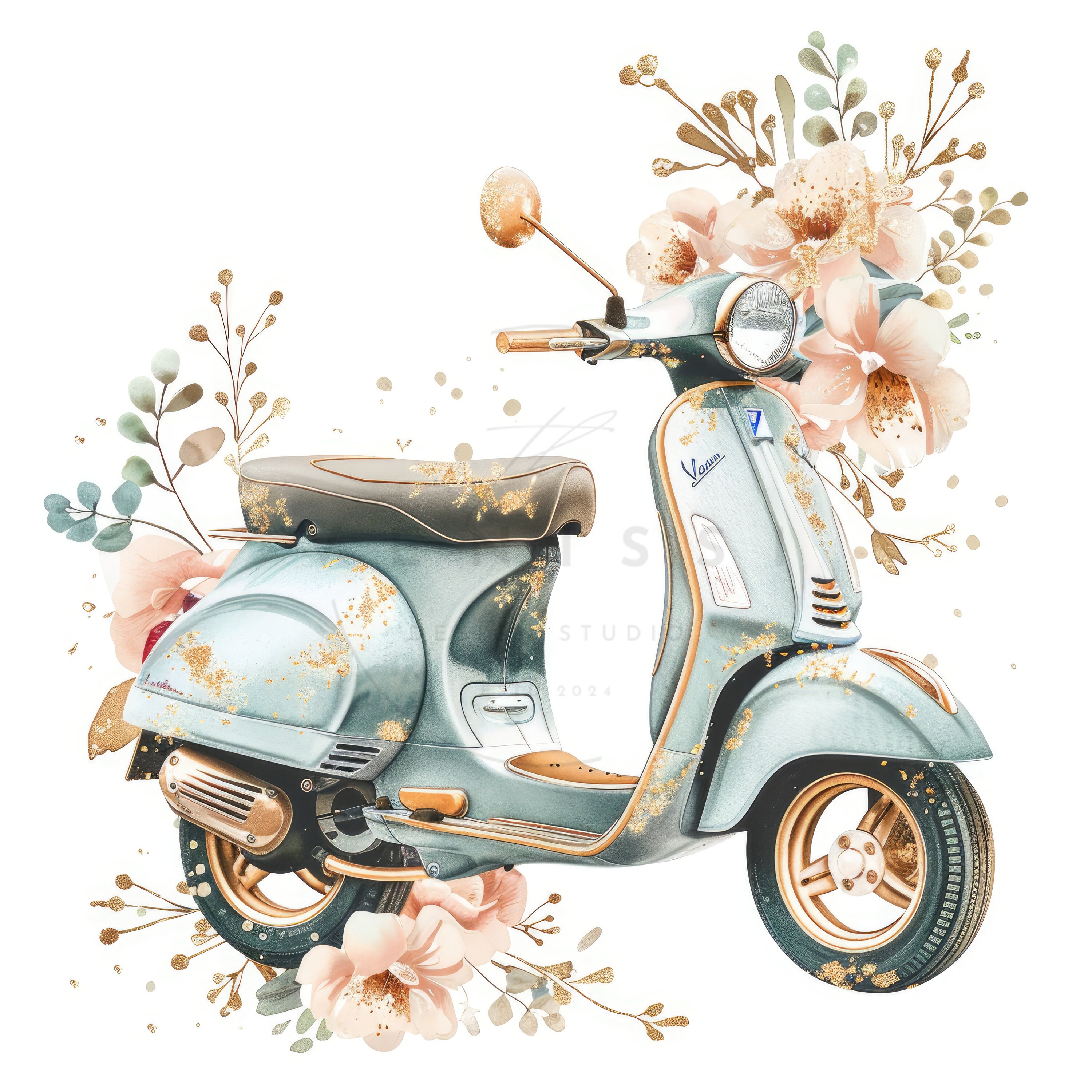 11 Vespa Scooter With Flowers and Gold Clipart, Watercolor Moto Scooter ...