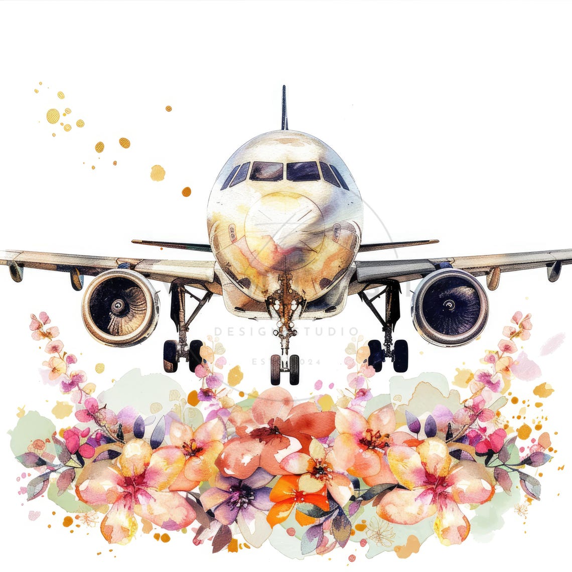 13 Floral Airplane With Gold Clipart, Watercolor Aircraft Clipart ...
