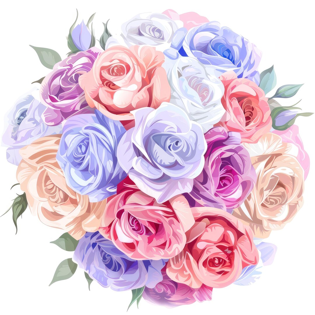 12 Pastel Roses Bouquet Clipart, Watercolor Spring Flowers Clipart ...
