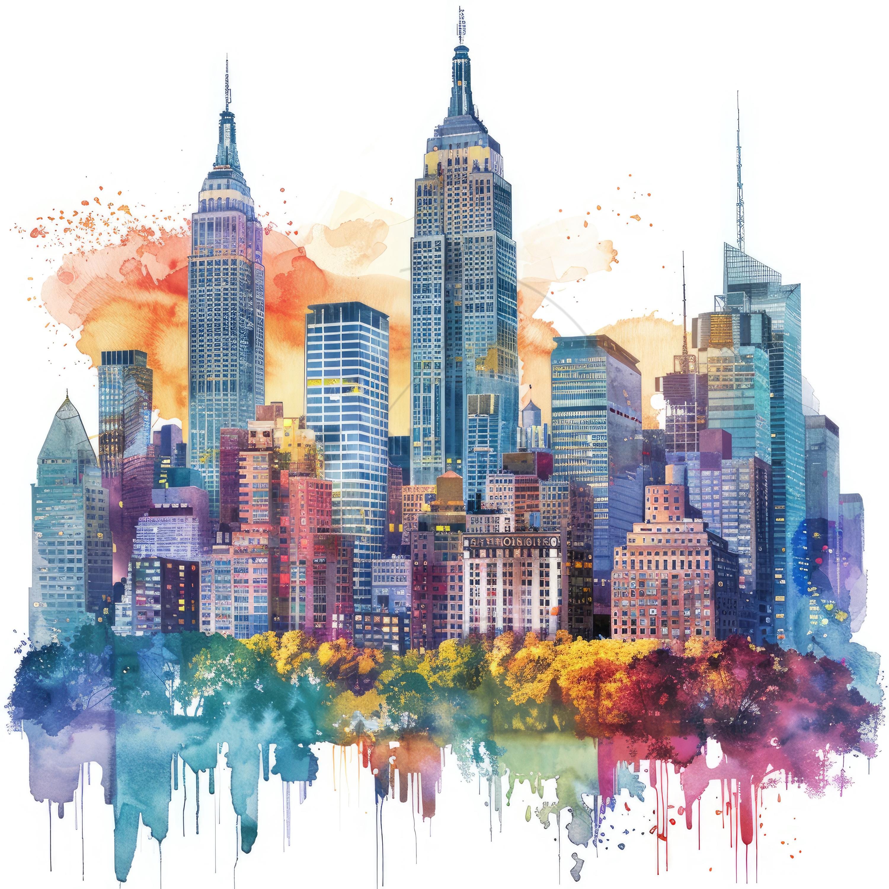 10 New York City Panorama Clipart, Watercolor New York Clipart ...