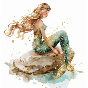 19 Gold Mermaid Clipart, Mermaid on Rock Clipart, Printable High ...