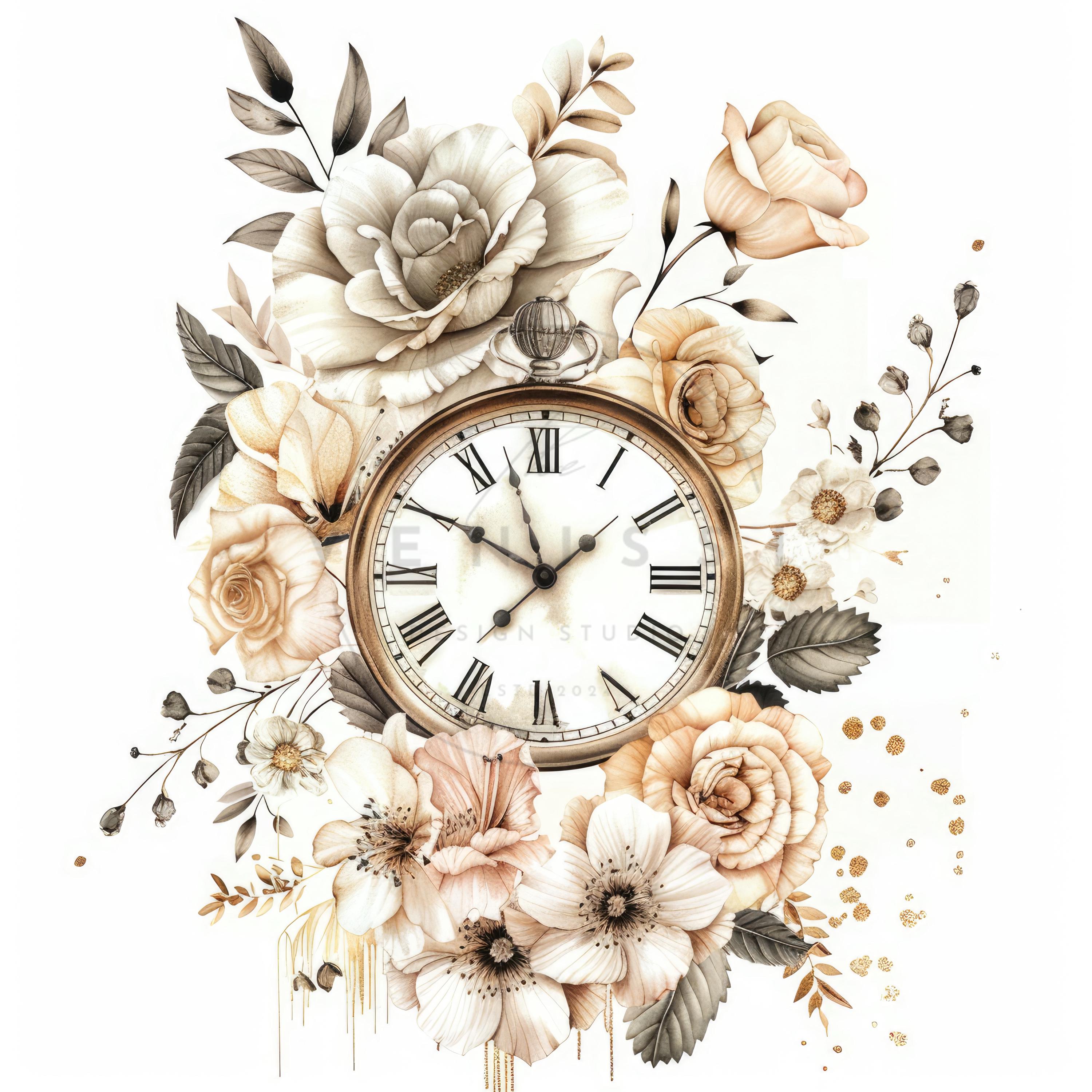 18 Vintage Clock in Flowers Clipart, Watercolor Floral Clock Clipart ...