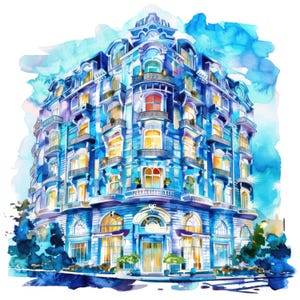 11 Luxury Hotel Clipart, Watercolor Hotel Print, Watercolor Clipart ...