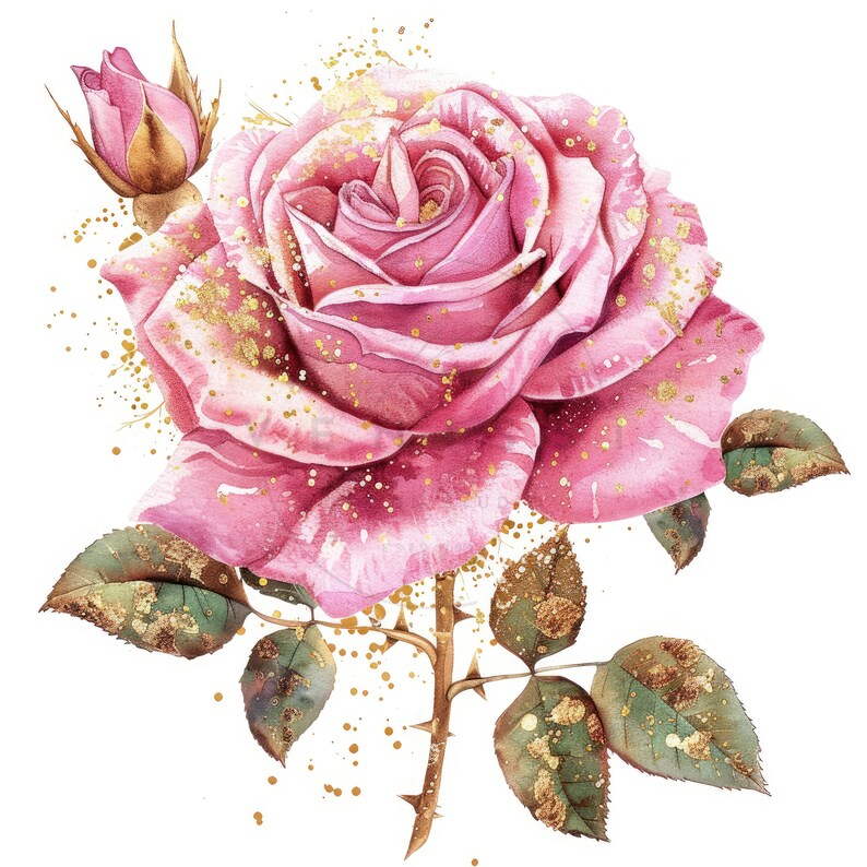 13 Pink Roses With Golden Glitter Clipart, Pink and Gold Roses Clipart ...