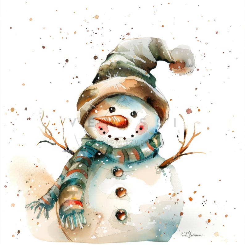 20 Whimsical Snowman Clipart, Watercolor Snowman Clipart, Christmas ...