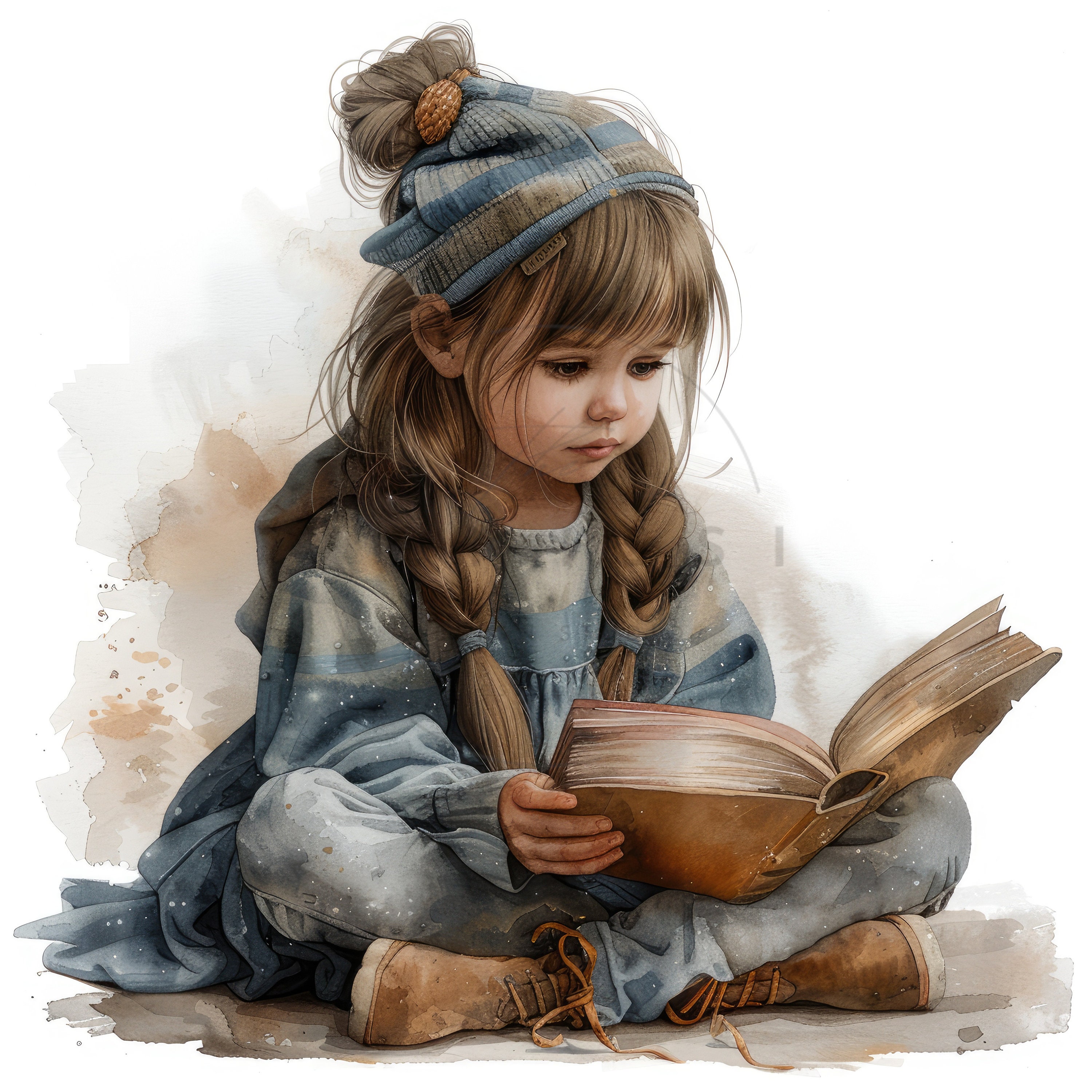 10 Girl Reading Book Clipart, Watercolor Children and Book Clipart ...