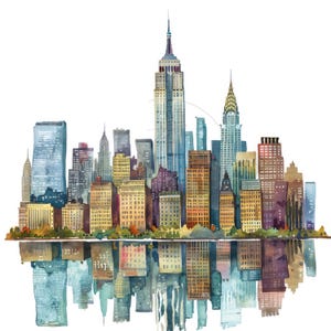10 New York City Panorama Clipart, Watercolor New York Clipart ...
