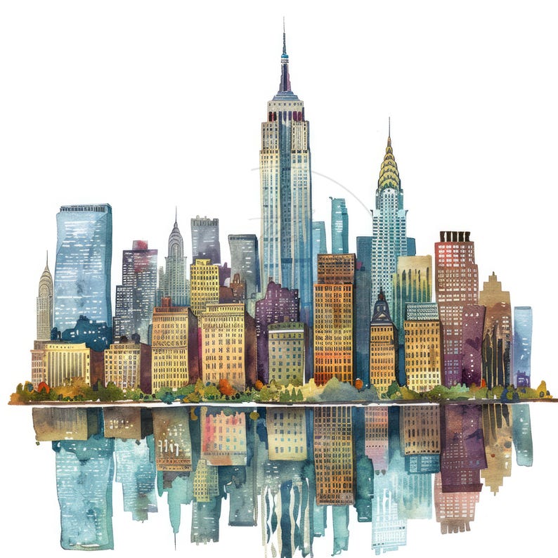 10 New York City Panorama Clipart, Watercolor New York Clipart ...