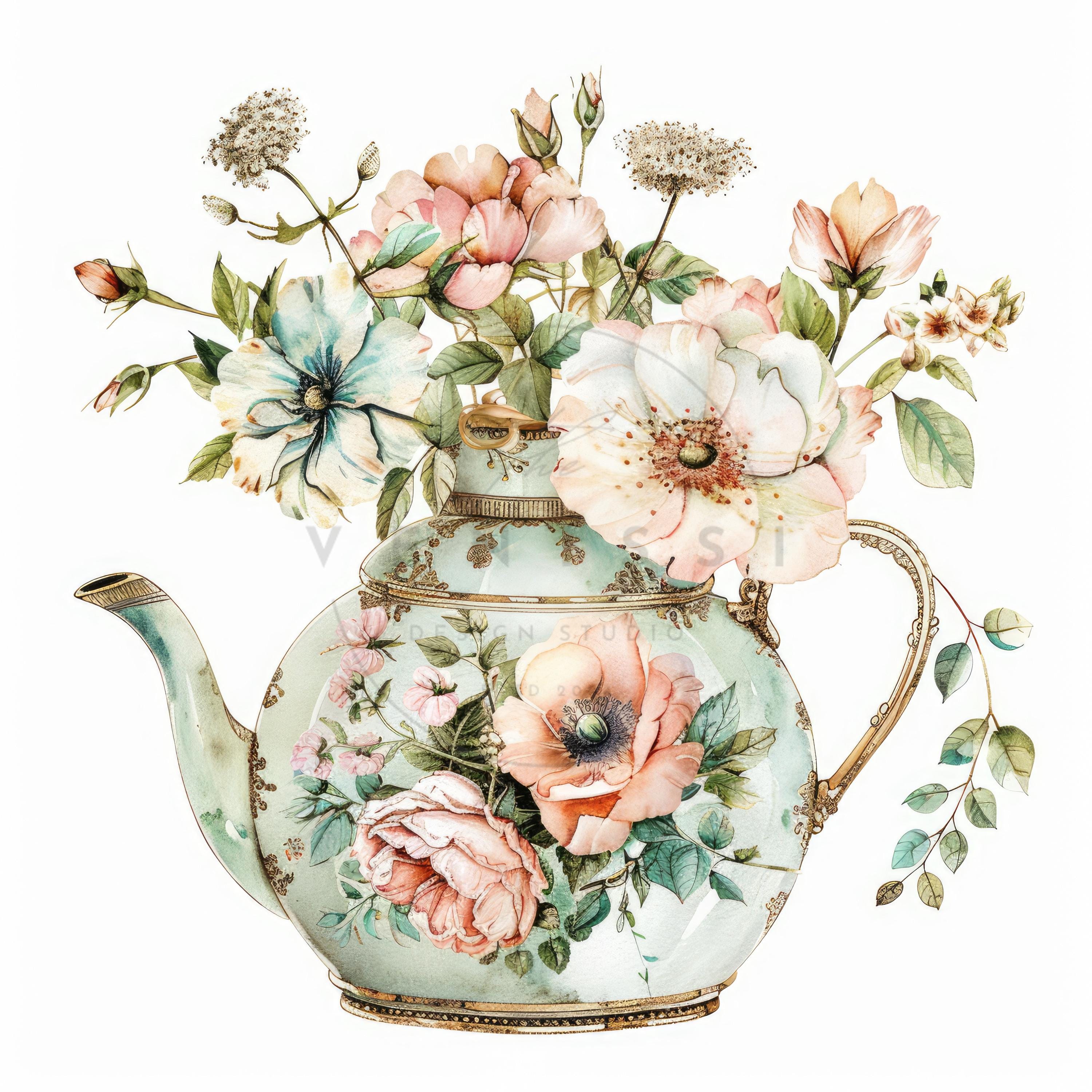 16 Floral Vintage Teapot Clipart, Watercolor Porcelain Teapot Clipart ...