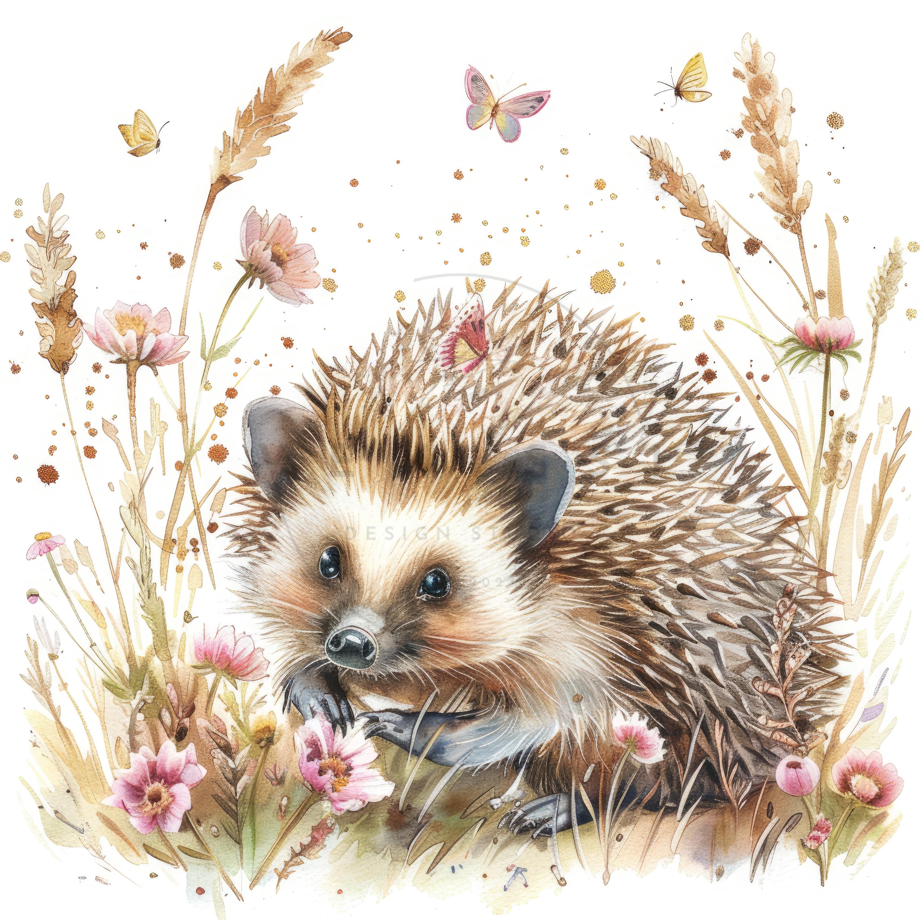 12 Hedgehog in Grass and Flowers Clipart, Watercolor Hedgehog Print ...