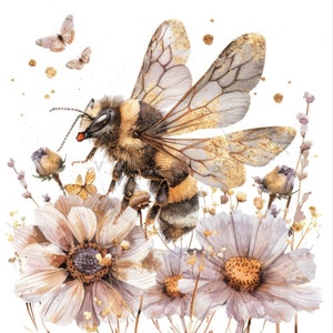 10 Bee in Flowers With Golden Glitter Clipart, Watercolor Bee Clipart ...