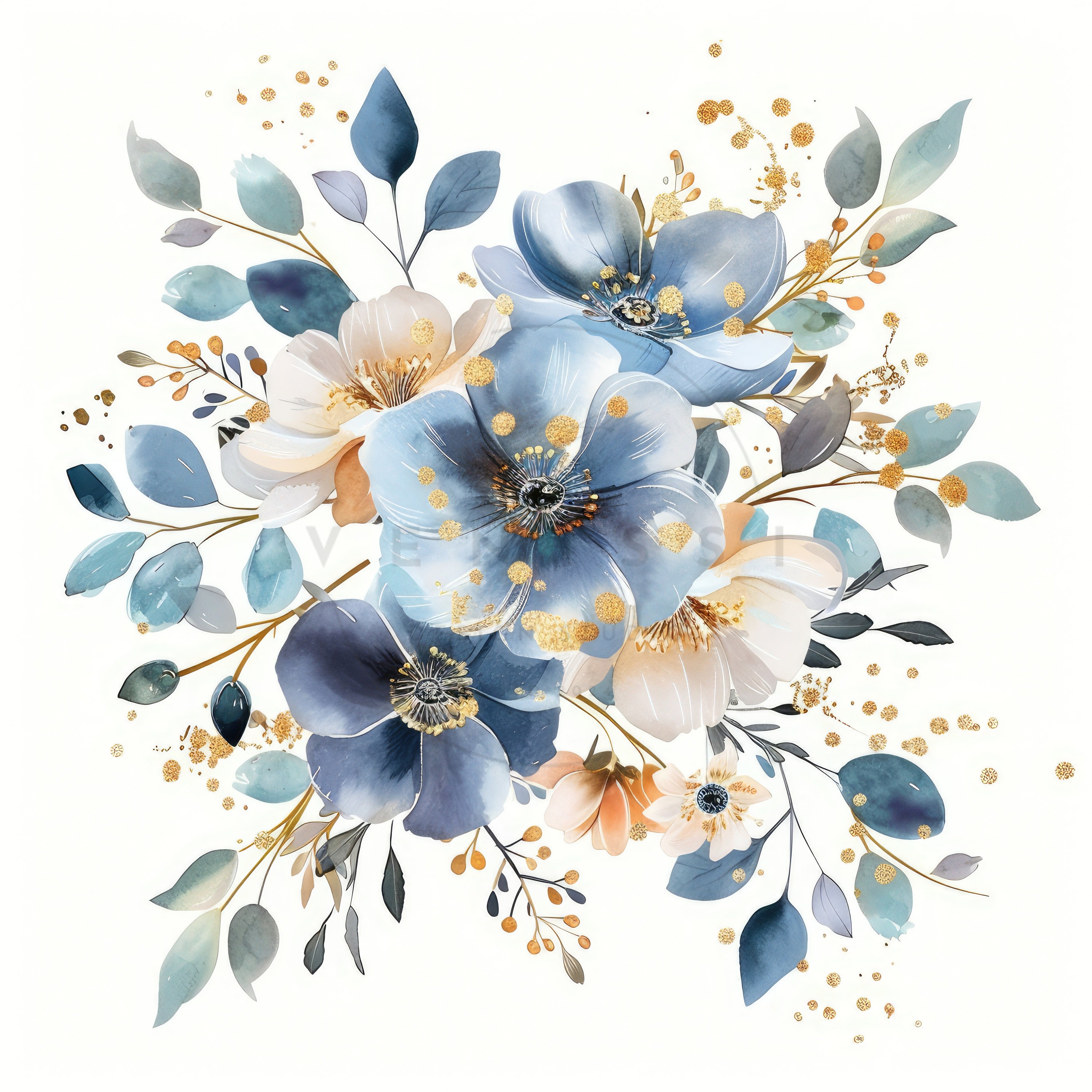 10 Spring Boho Flowers Bouquet Golden Glitter Clipart, Flowers Clip Art ...