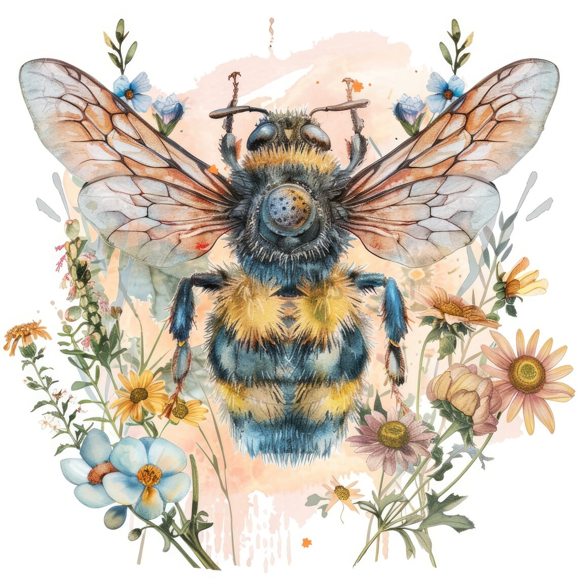 12 Bee and Wildflowers Clipart, Watercolor Bee in Flowers Clipart ...