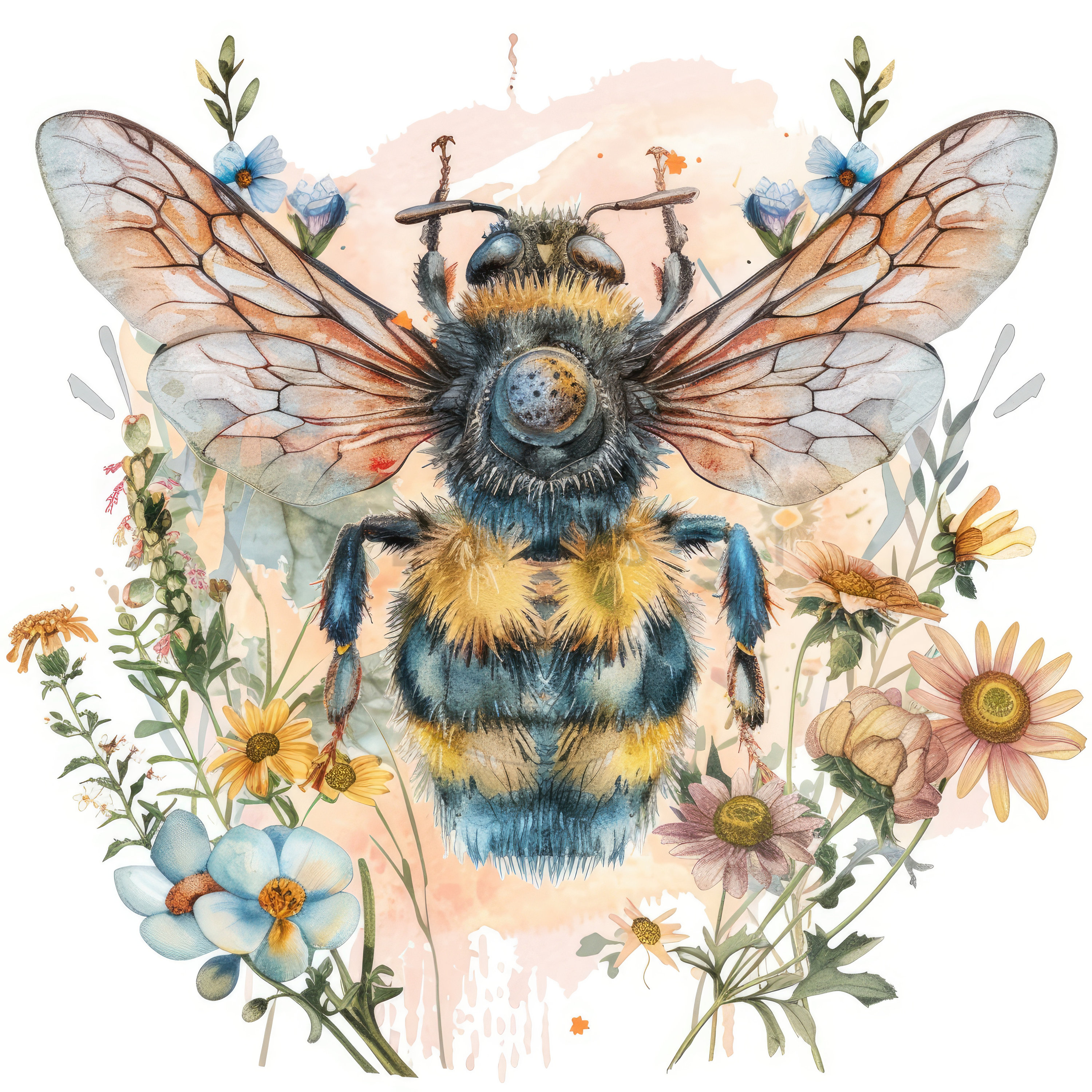 12 Bee and Wildflowers Clipart, Watercolor Bee in Flowers Clipart ...