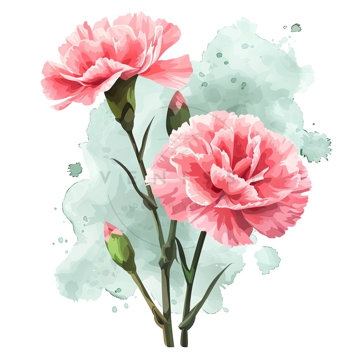 9 Watercolor Pink Carnation Flower Clipart Bundle, Flowers Clipart ...