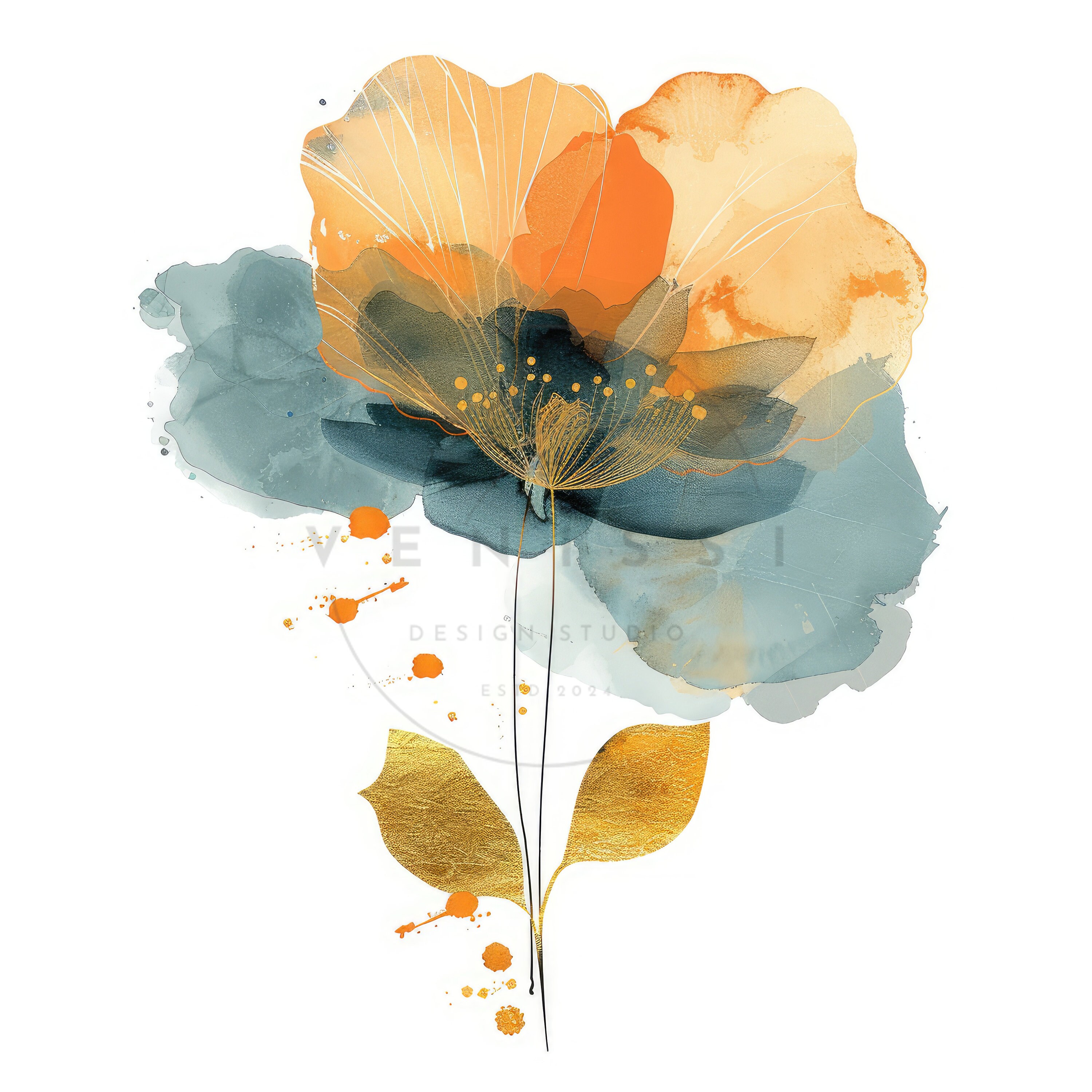 11 Abstract Flowers Clipart, Watercolor Teal Orange Gold Flowers ...