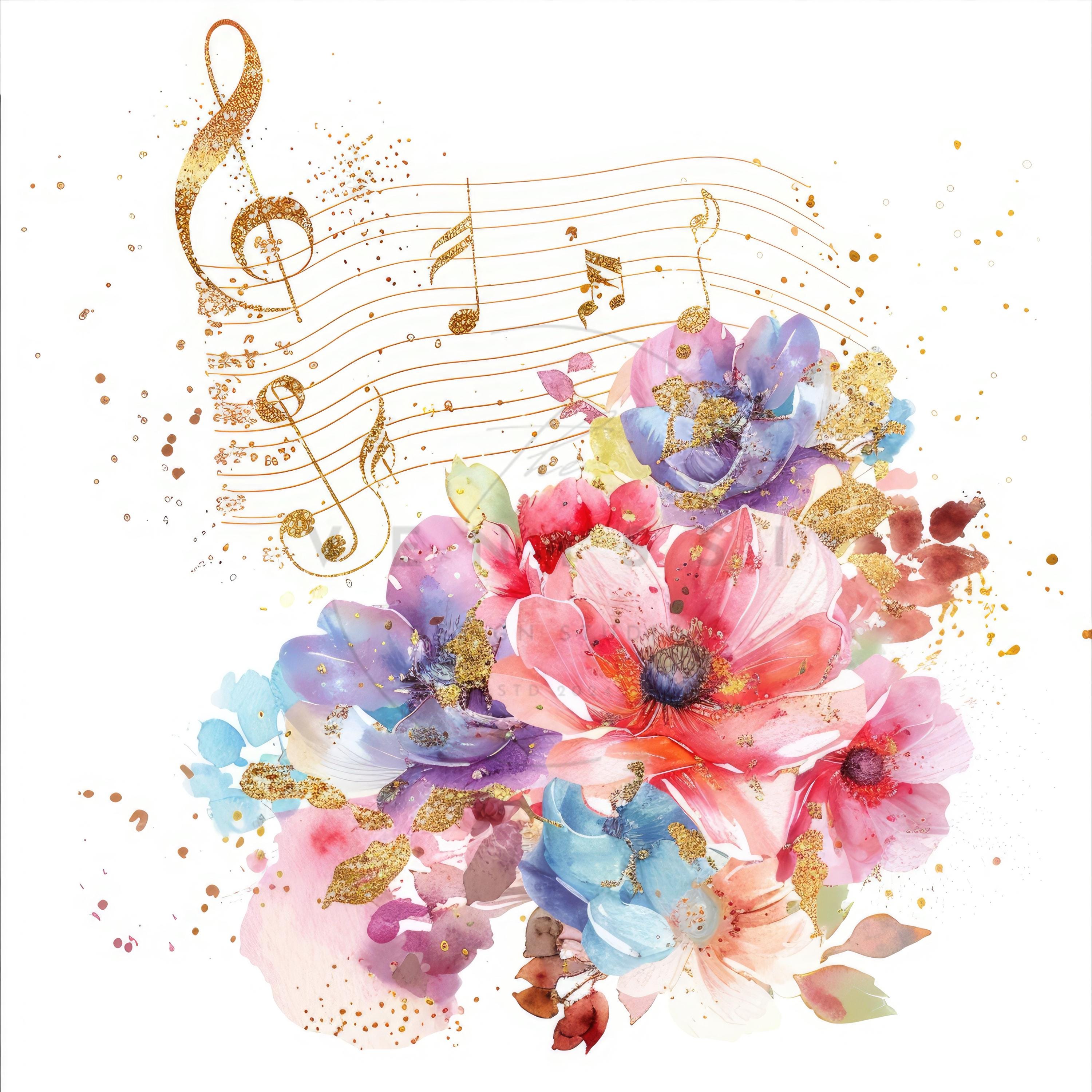 12 Floral Music Notes Clipart, Watercolor Music Clipart, Violin Print ...