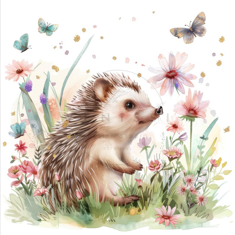 12 Hedgehog in Grass and Flowers Clipart, Watercolor Hedgehog Print ...