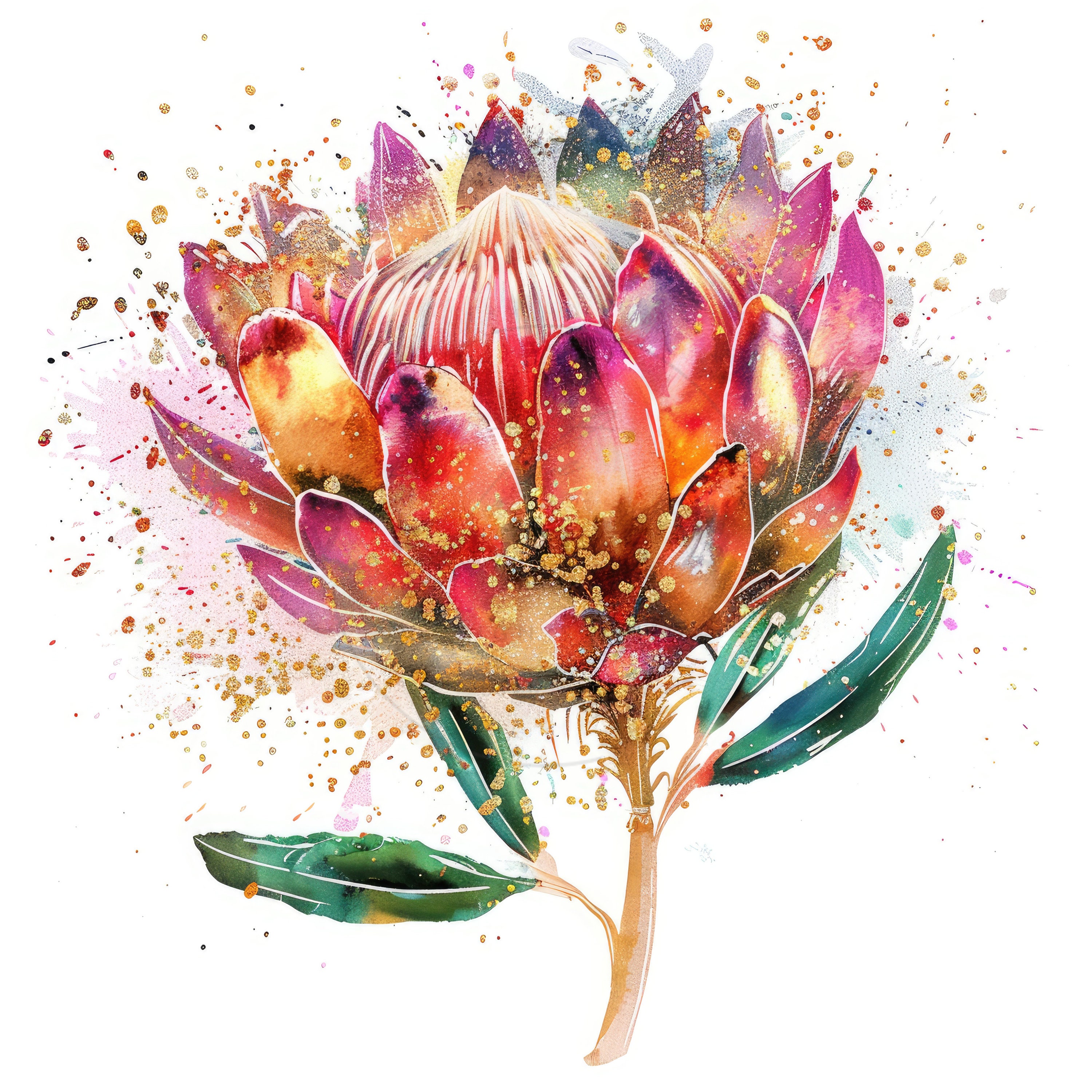 12 Watercolor Protea Flower With Golden Glitter Clipart Bundle, High ...