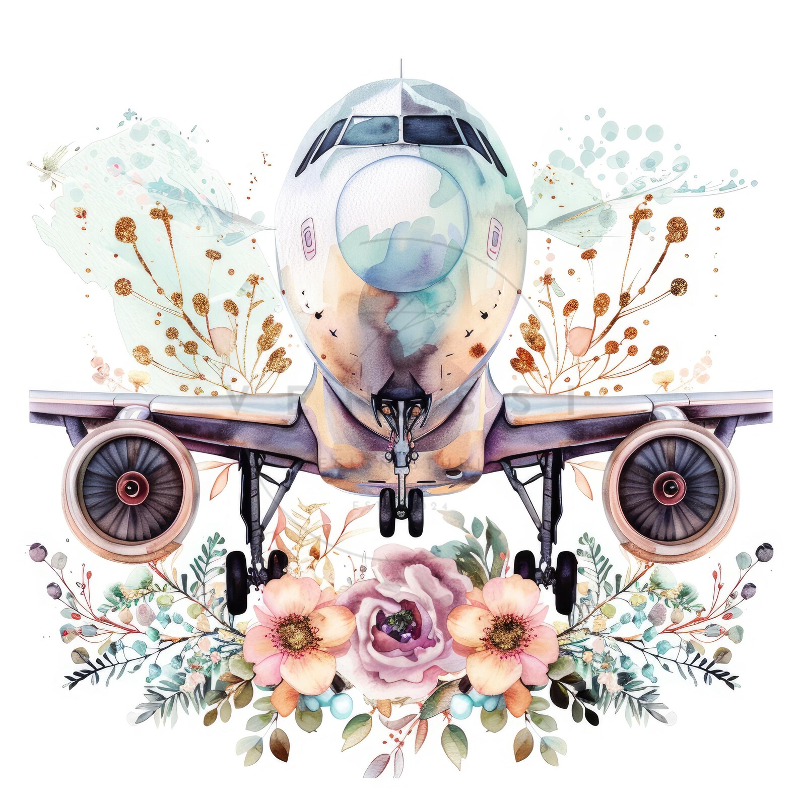 13 Floral Airplane With Gold Clipart, Watercolor Aircraft Clipart ...