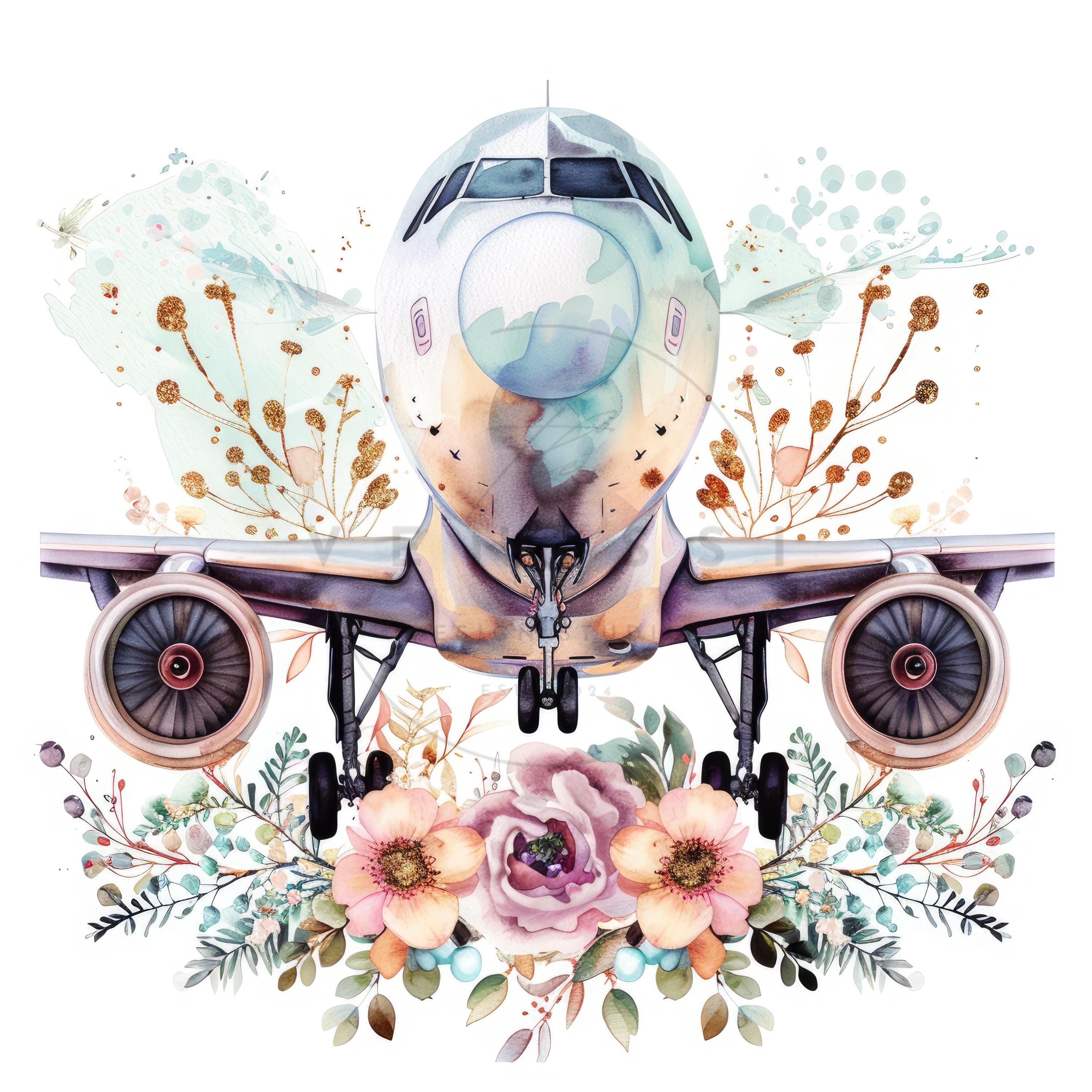 13 Floral Airplane With Gold Clipart, Watercolor Aircraft Clipart ...
