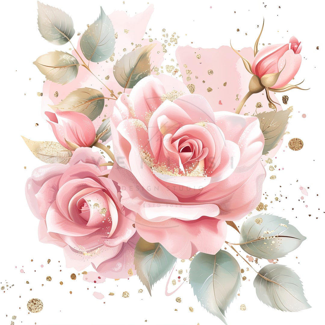 12 Pink Roses With Golden Glitter Clipart, Watercolor Pink Roses ...