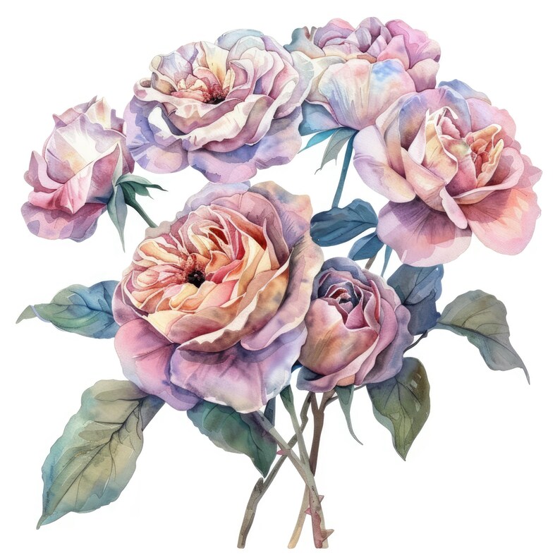 12 Pastel Roses Bouquet Clipart, Watercolor Spring Flowers Clipart ...