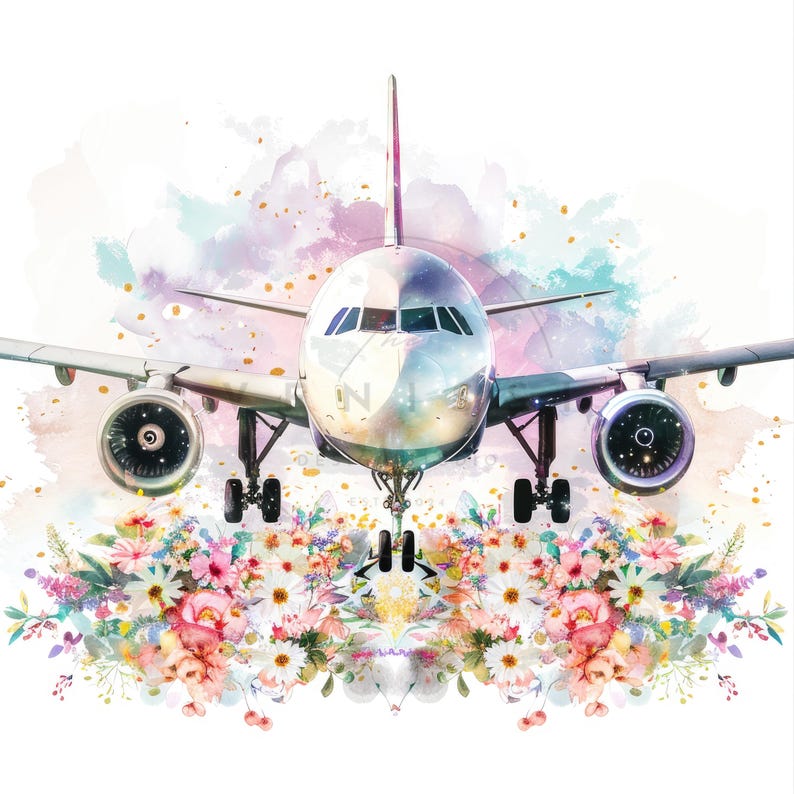 13 Floral Airplane With Gold Clipart, Watercolor Aircraft Clipart ...