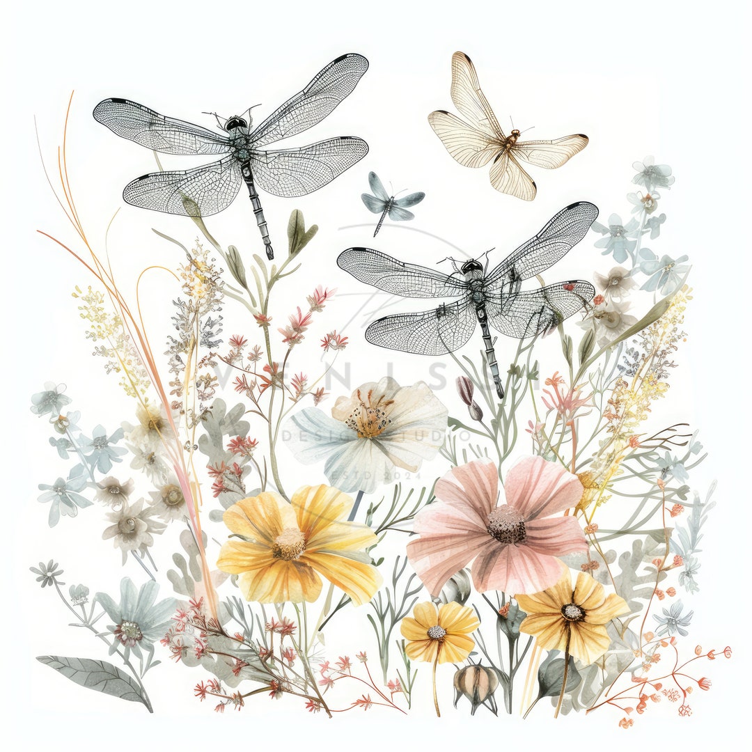 14 Vintage Dragonfly in Flowers Clipart, Watercolor Floral Dragonfly ...