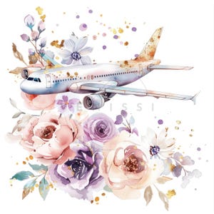 11 Floral Flying Plane Clipart, Watercolor Airplane Print, Printable ...