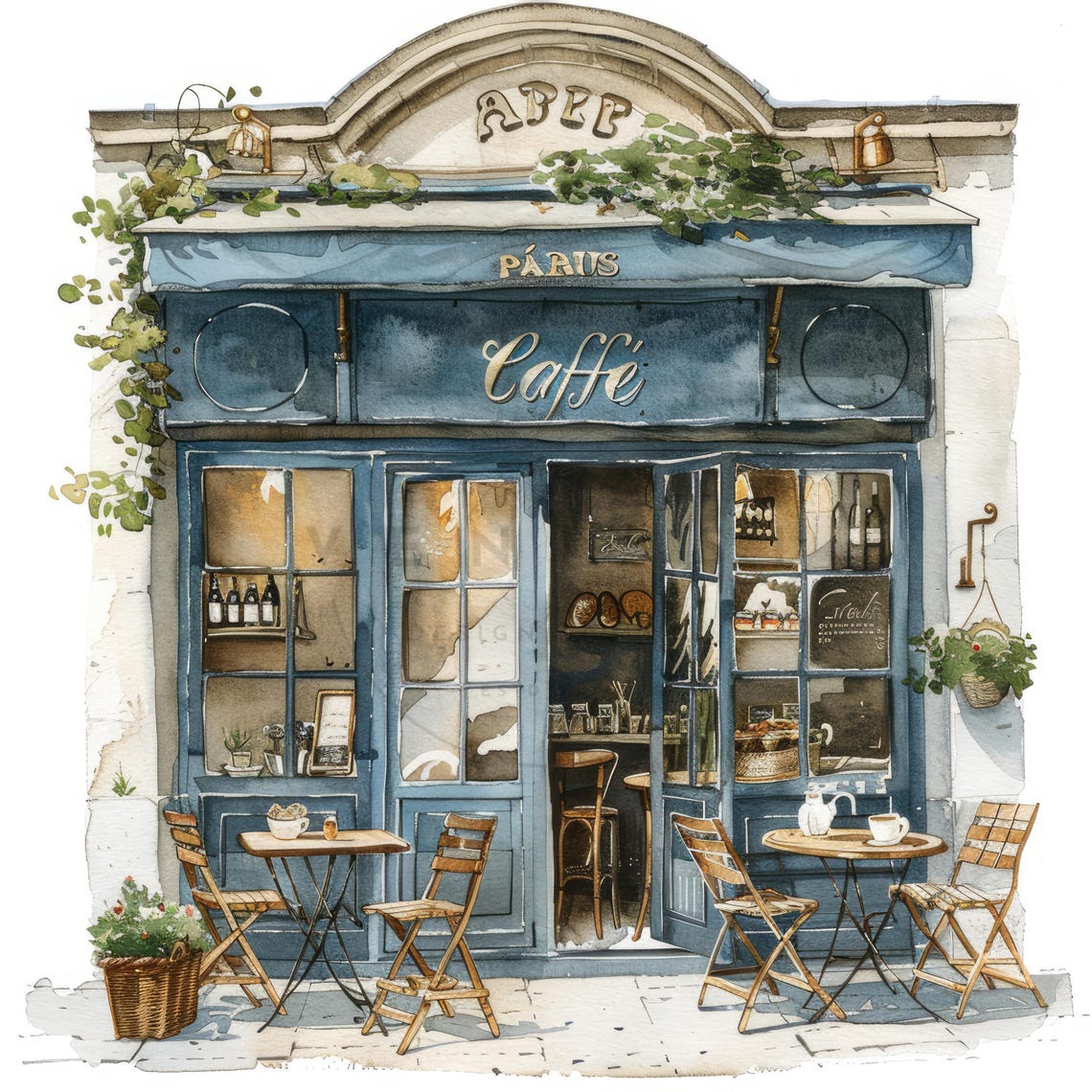 15 Cafe in Paris Clipart, Watercolor French Cityscape Clip Art ...