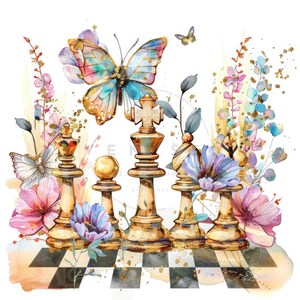 16 Floral Chessboard Clipart, Watercolor Chess Print, Printable High ...