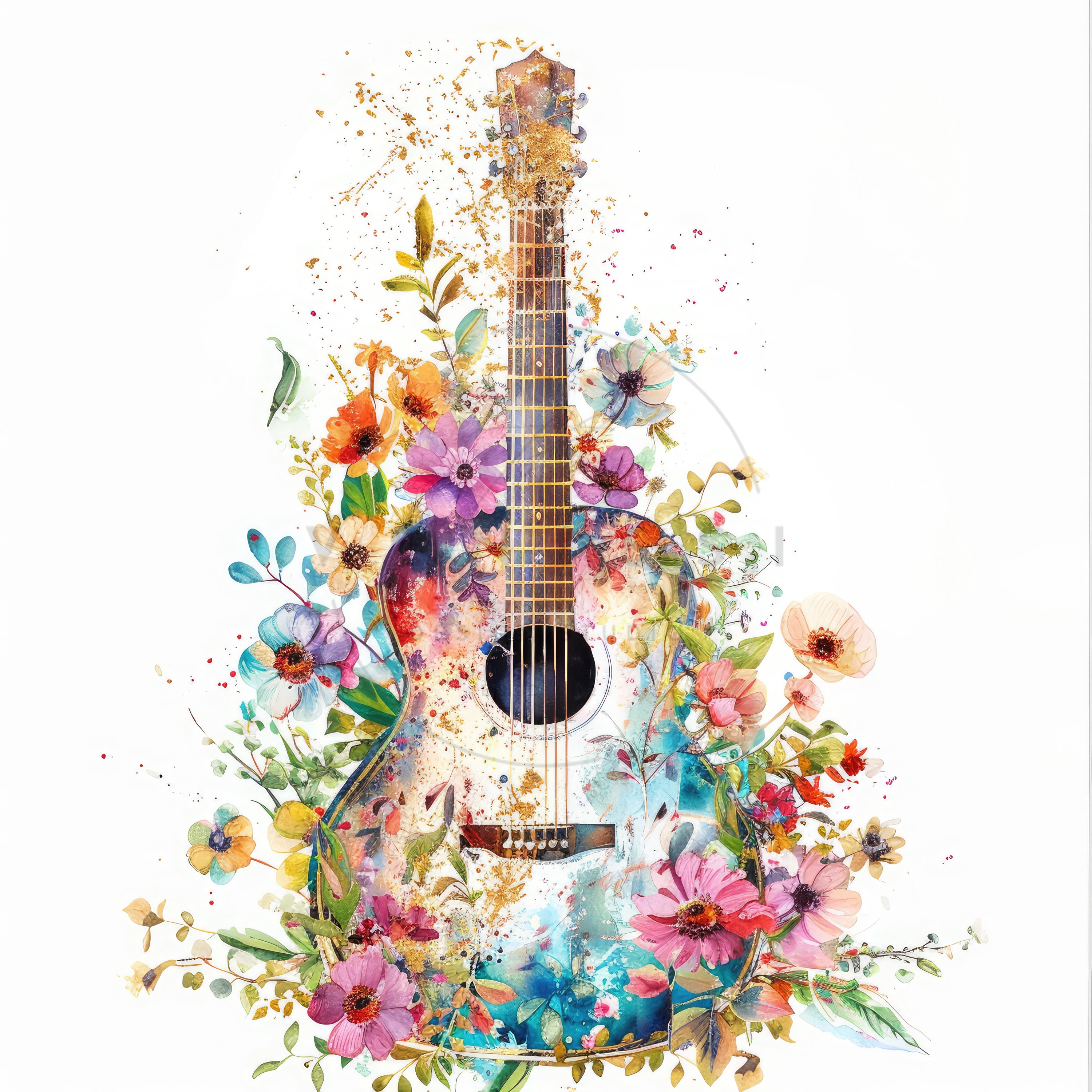 15 Floral Guitar Clipart, Watercolor Guitar With Golden Glitter Clipart ...