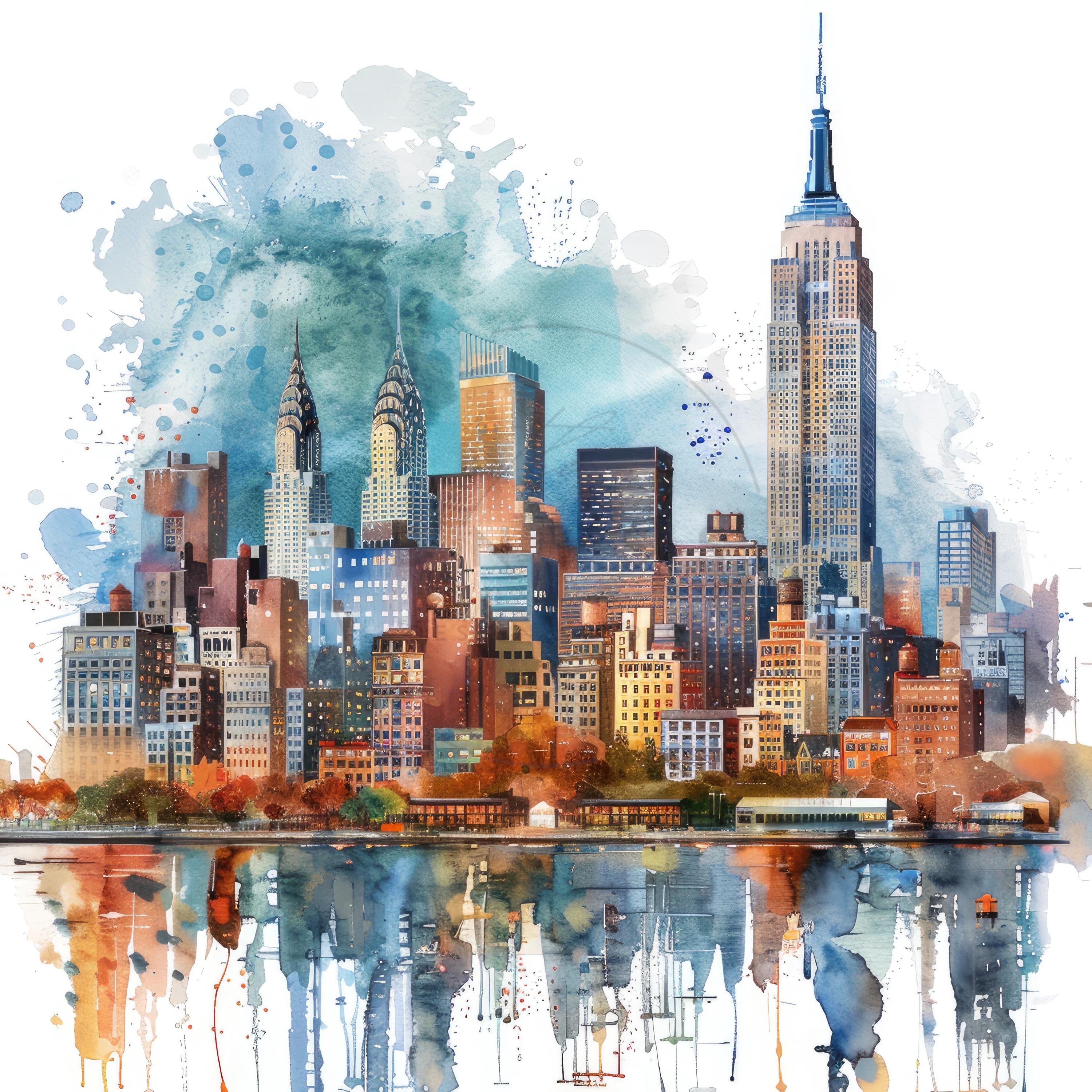 10 New York City Panorama Clipart, Watercolor New York Clipart ...